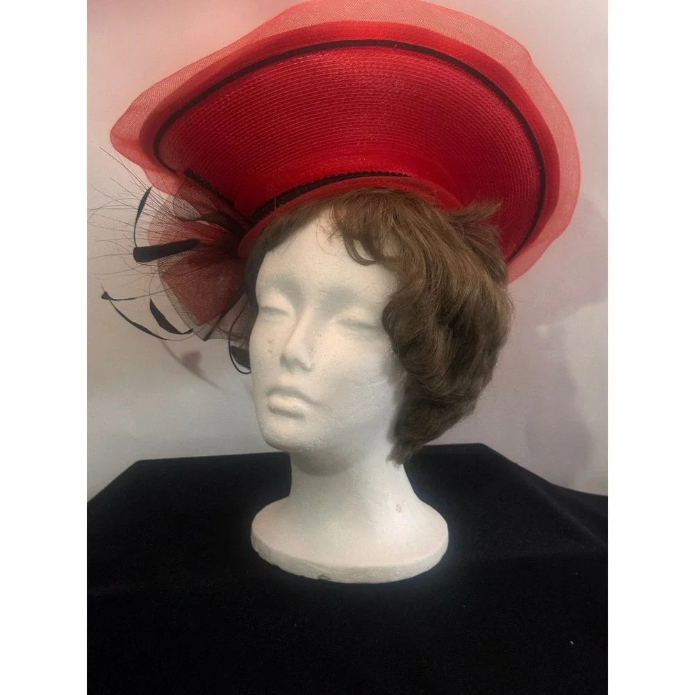 Accessories | Red Sinamay Wide Brim Fascinator Hat Black Feather Derby ...